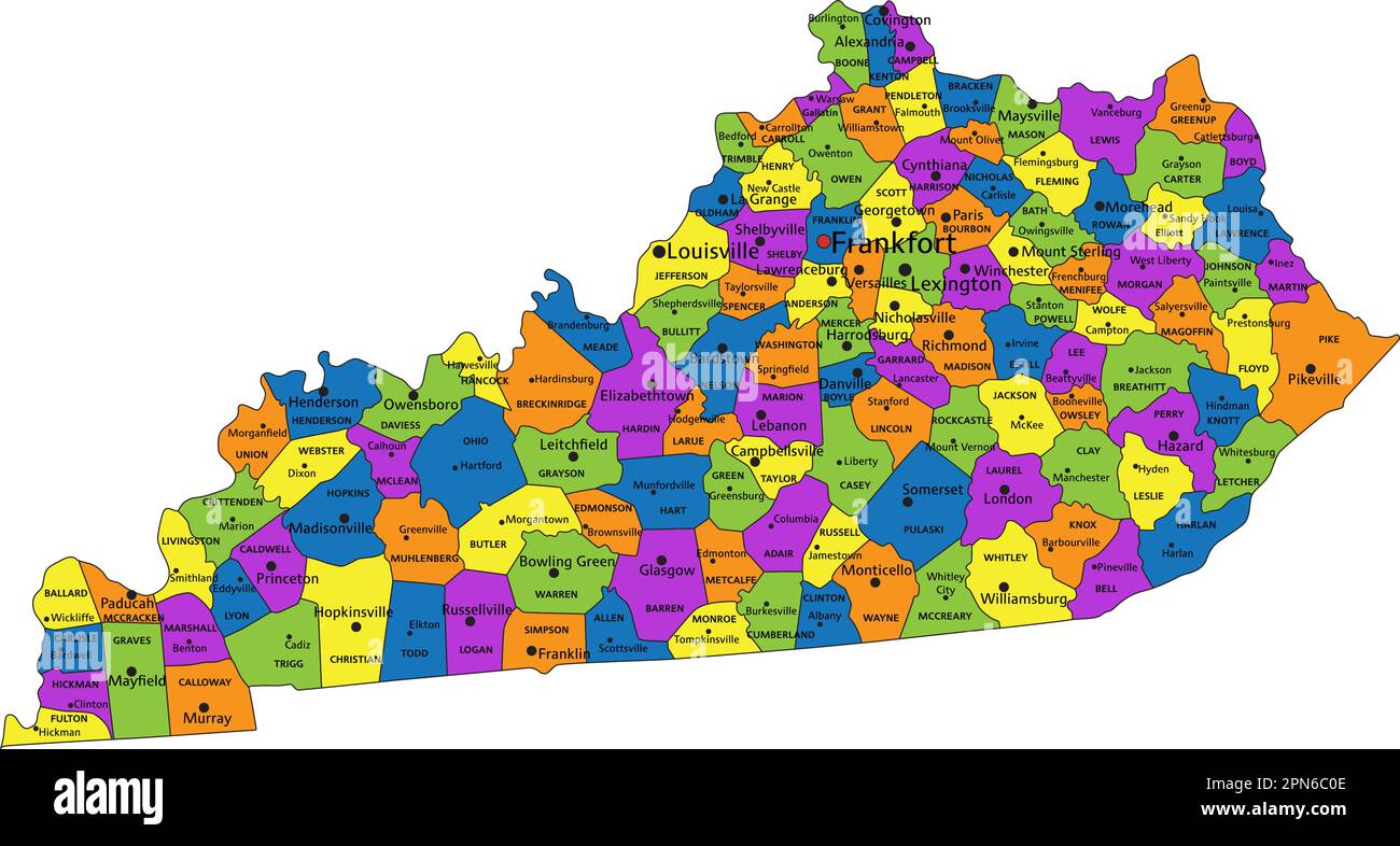 Colorful Kentucky political map with clearly labeled, separated layers ...