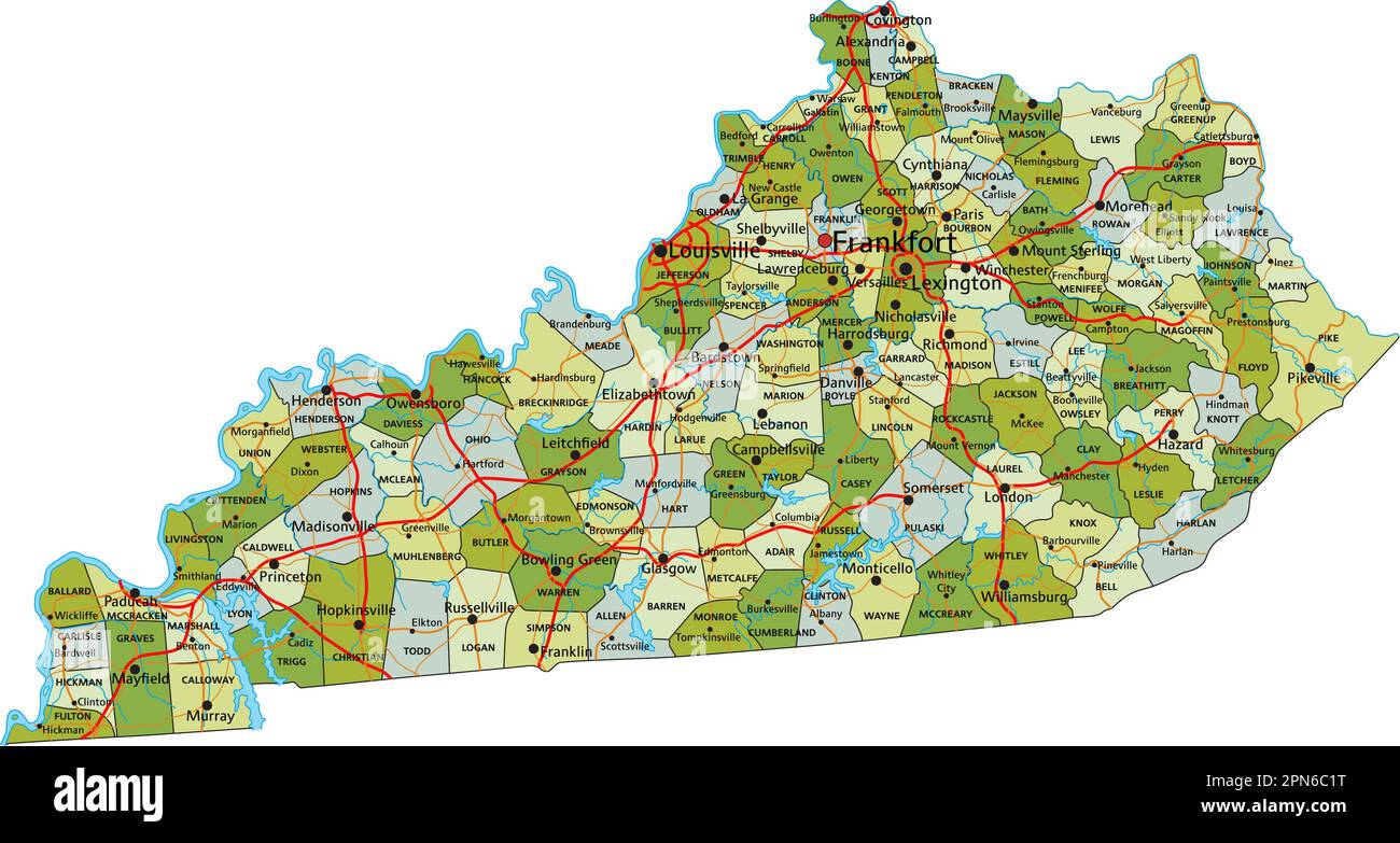 Highly detailed editable political map with separated layers. Kentucky ...
