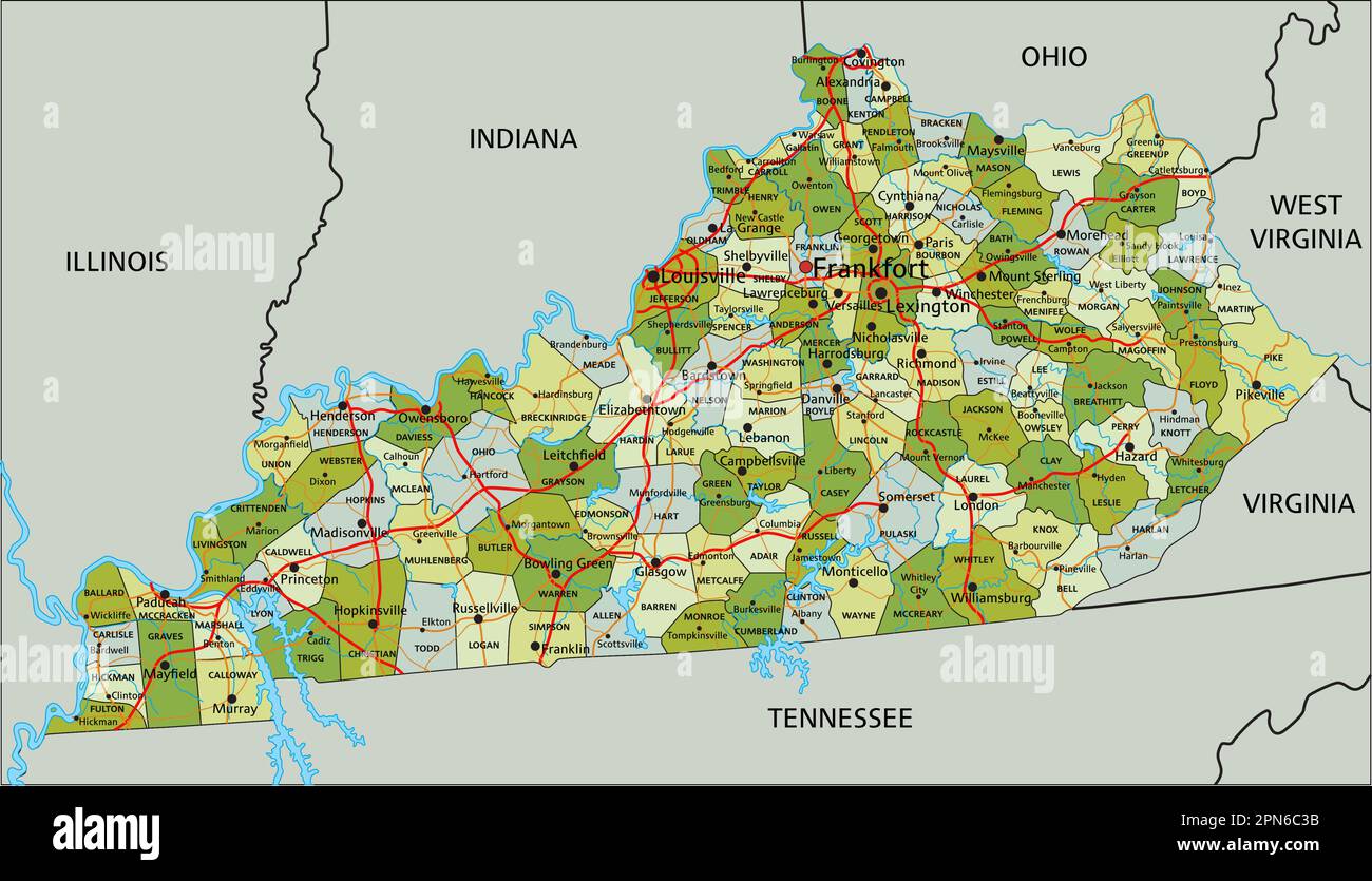 Highly detailed editable political map with separated layers. Kentucky ...