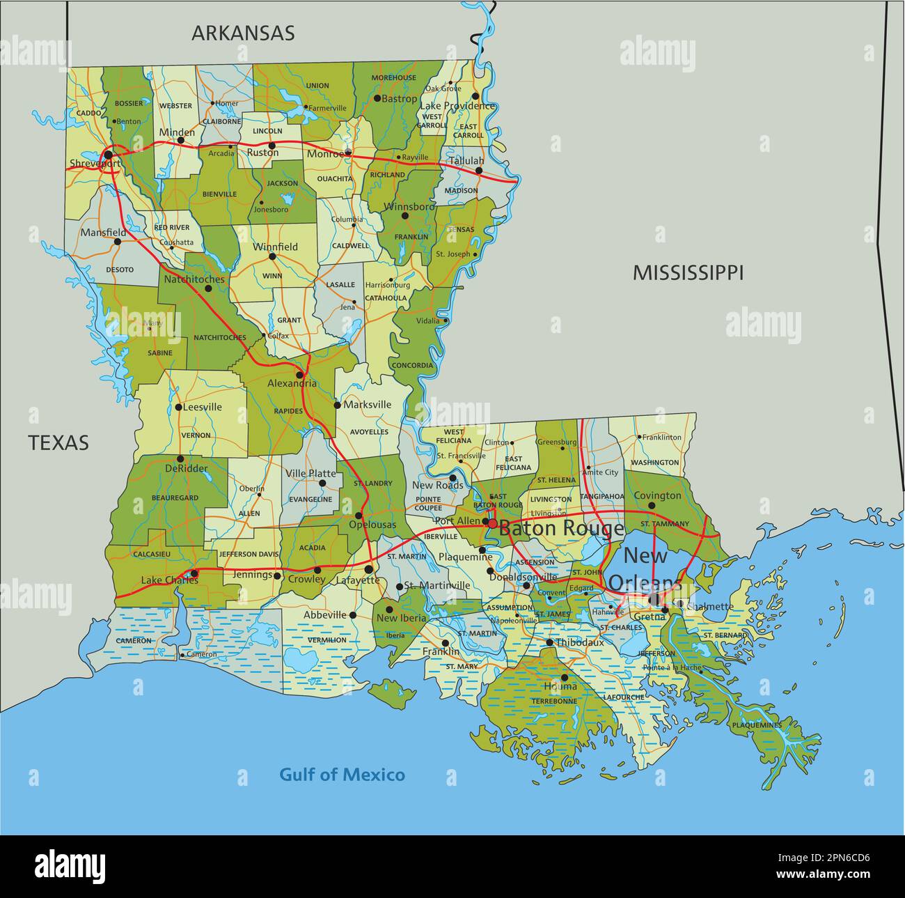 Highly detailed editable political map with separated layers. Louisiana ...