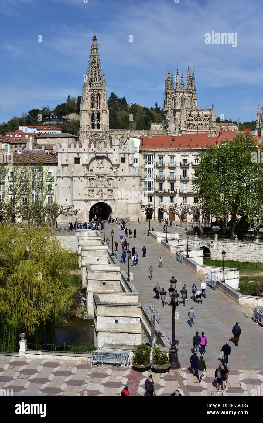 Santa Maria arch and bridge in Burgos. On background the gothic ...
