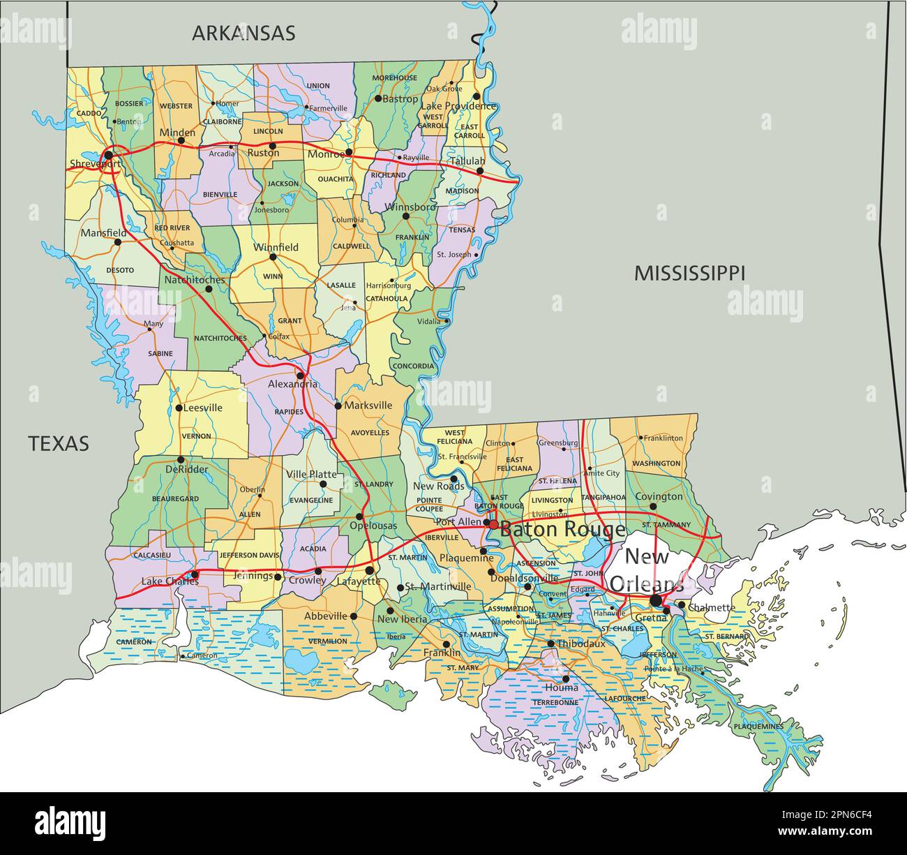 Louisiana - Highly detailed editable political map with labeling Stock ...