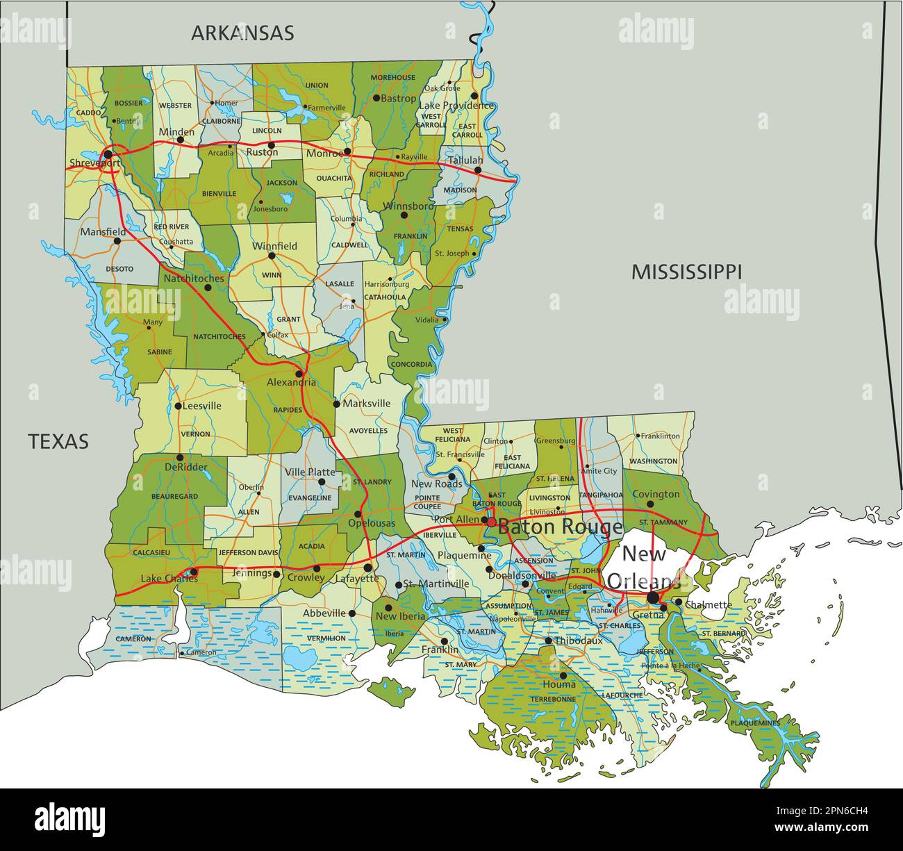 Highly detailed editable political map with separated layers. Louisiana ...