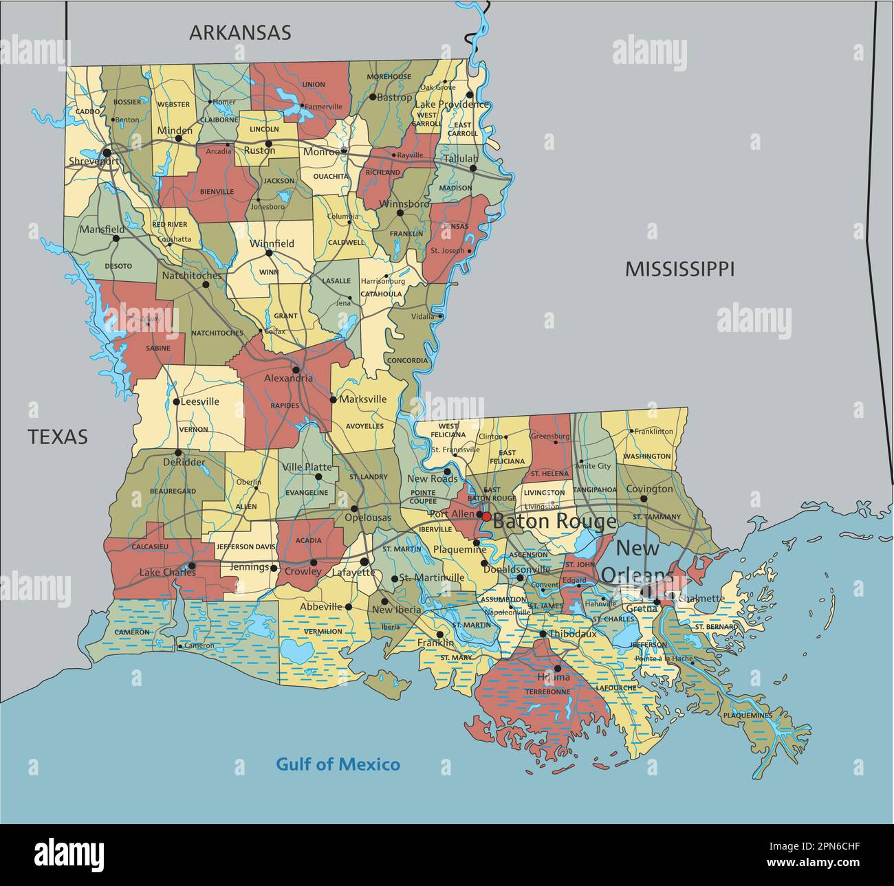 Louisiana - Highly detailed editable political map with labeling Stock ...