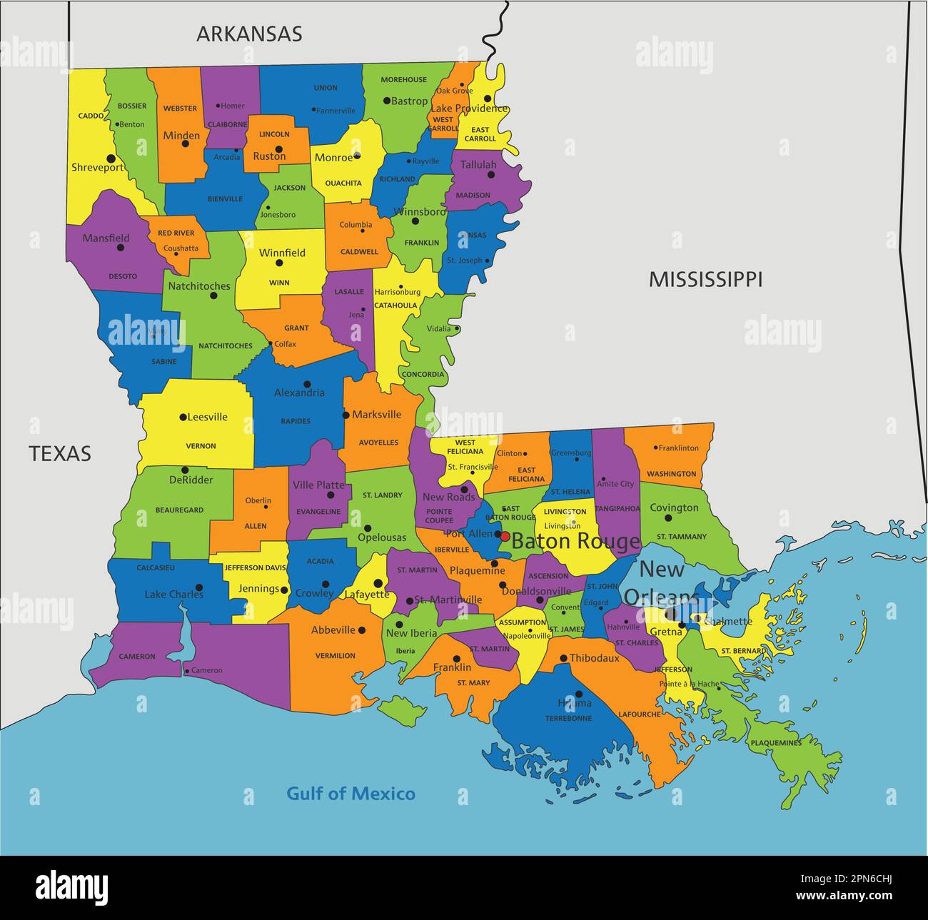 Colorful Louisiana political map with clearly labeled, separated layers ...