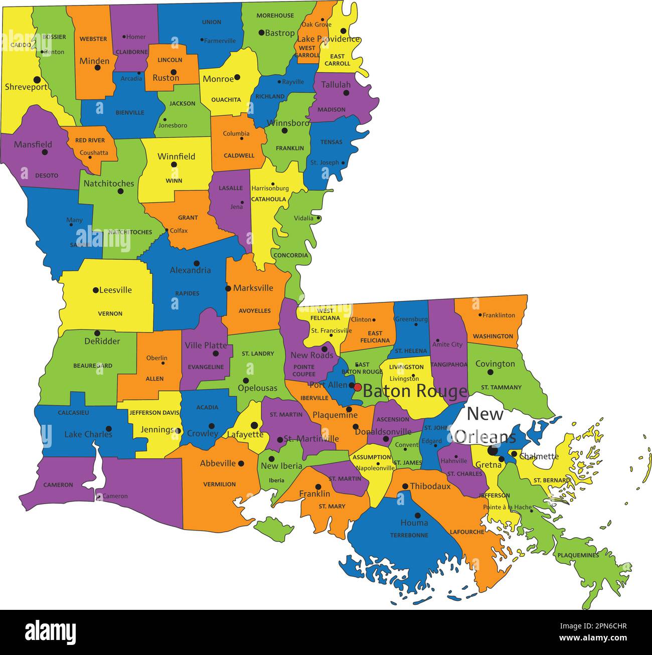 Colorful Louisiana political map with clearly labeled, separated layers ...
