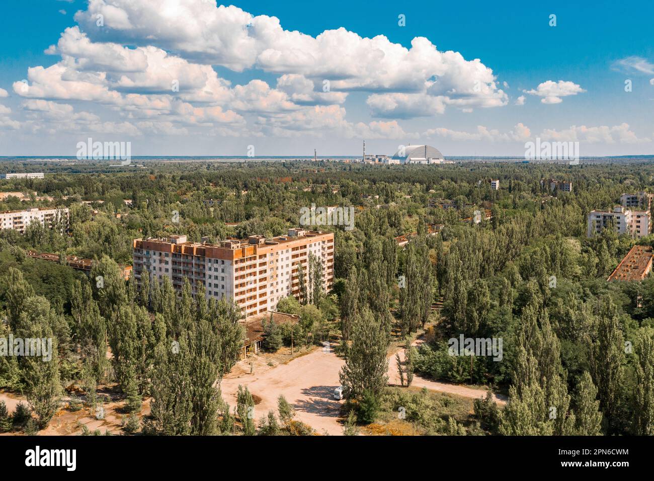 Aerial view of large, isolated buildings in rural landscape Stock Photo ...