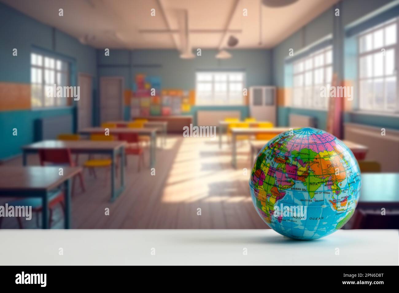 Earth globe model ball map with class room background on tablet in ...