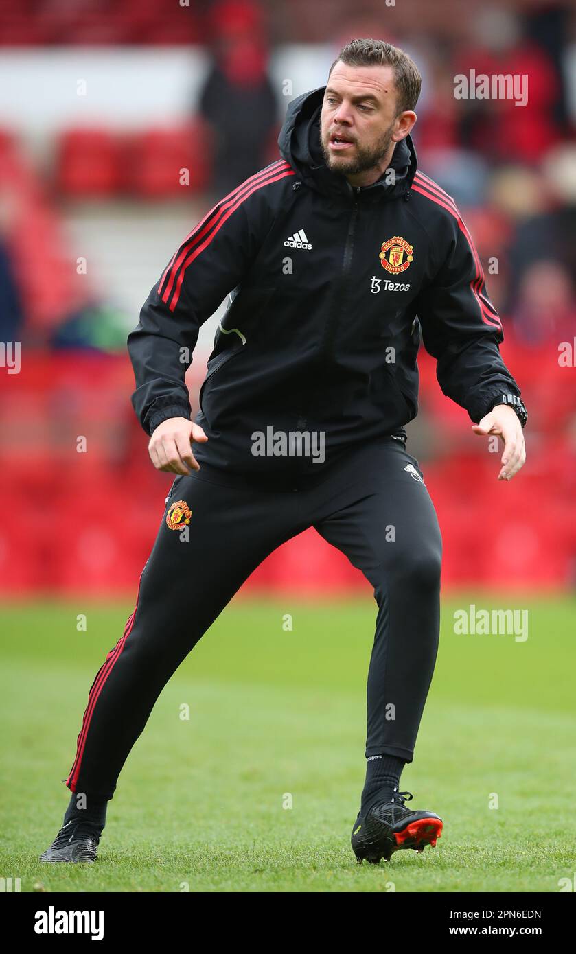 Nottingham, UK. 16th Apr, 2023. Charlie Owen Manchester Utd fitness ...