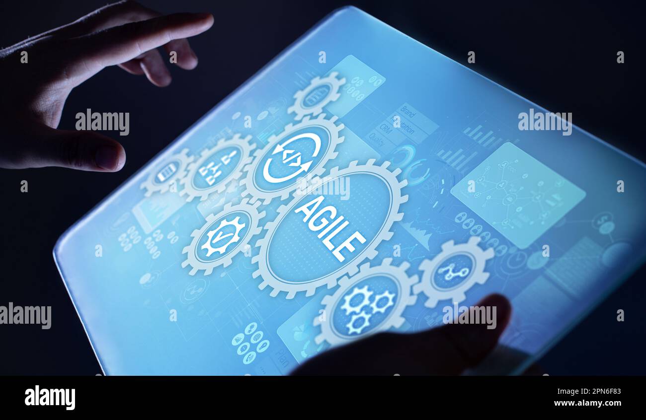 Agile development methodology concept on virtual screen. Technology ...
