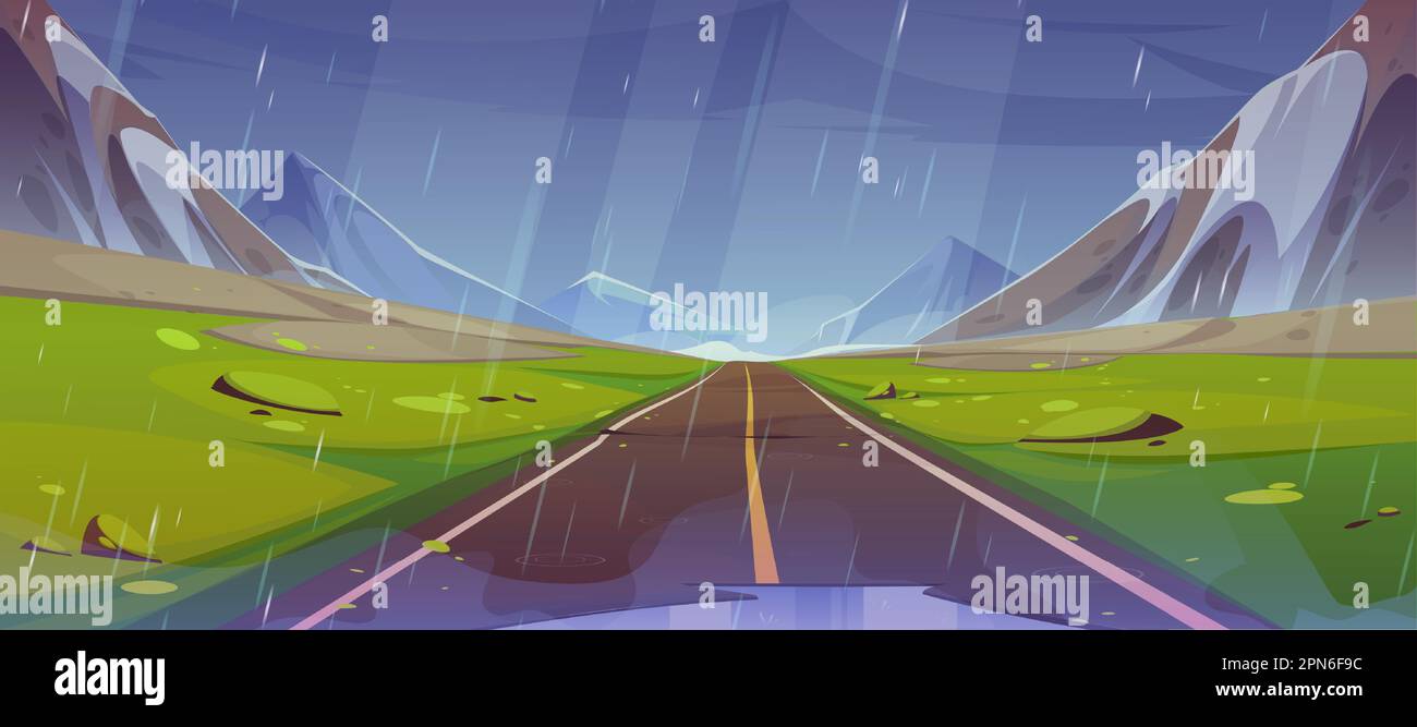 Road and mountain view rainy cartoon landscape. Blue sky and green ...