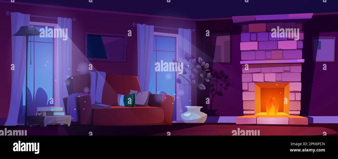 Night living room interior with fireplace and sofa in house cartoon ...