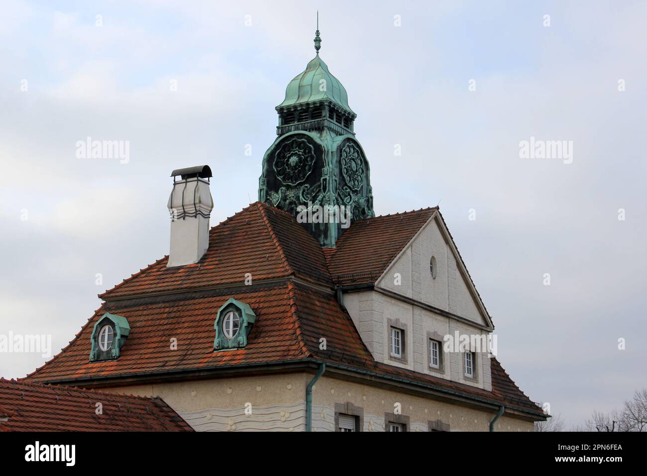 Jugendstil elements of the roof and clock tower, at Sprudelhof, early ...