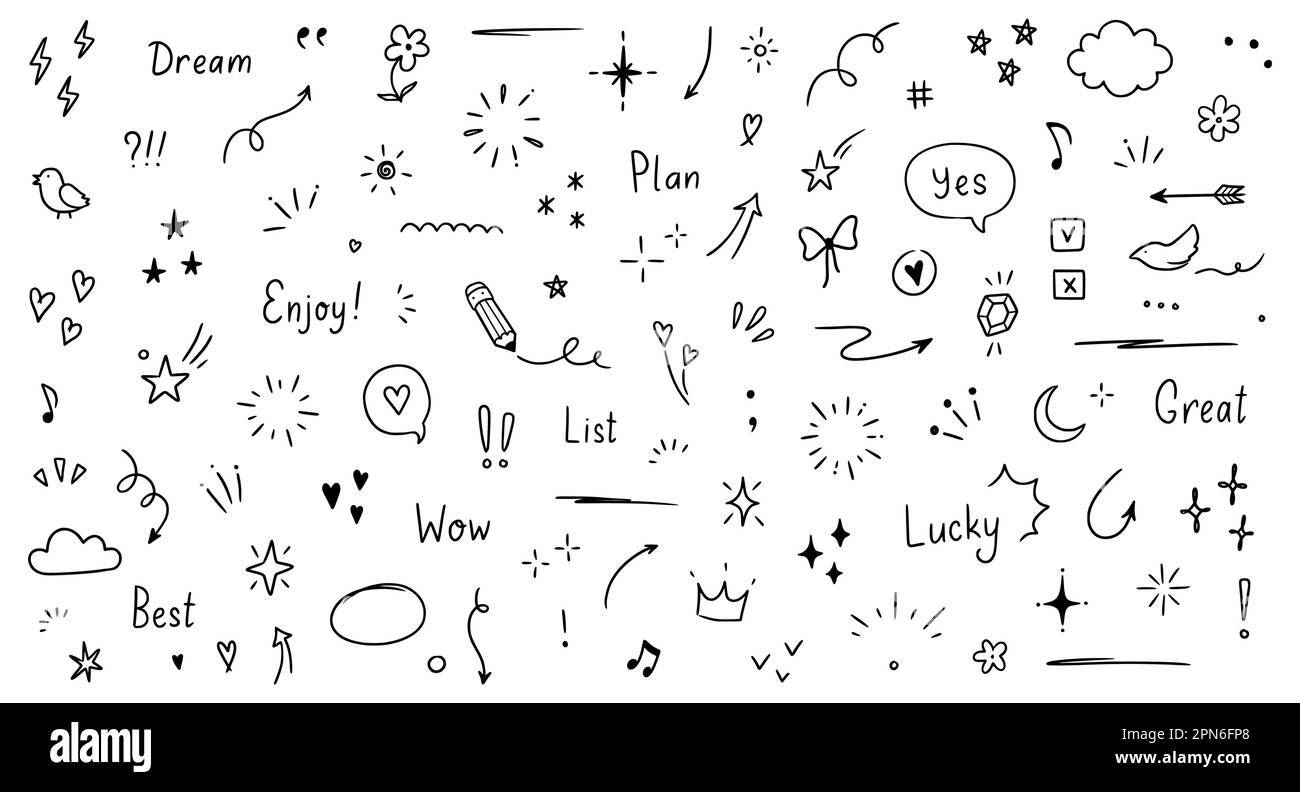 Doodle cute glitter pen line elements. Doodle heart, arrow, star ...
