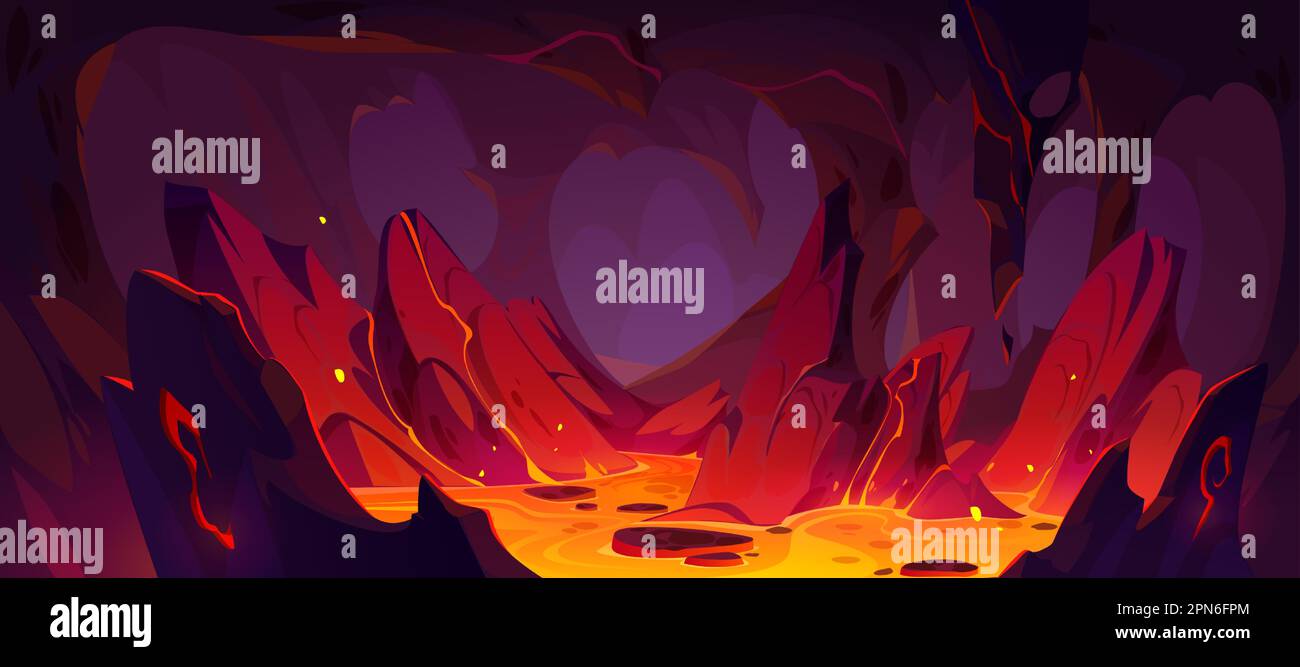Game background of hell with lava in rock cave. Fantasy landscape of ...