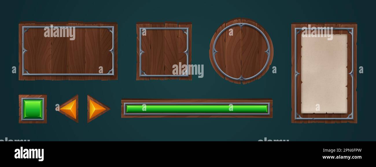 Wooden game interface board vector set. Cartoon button icon with metal ...