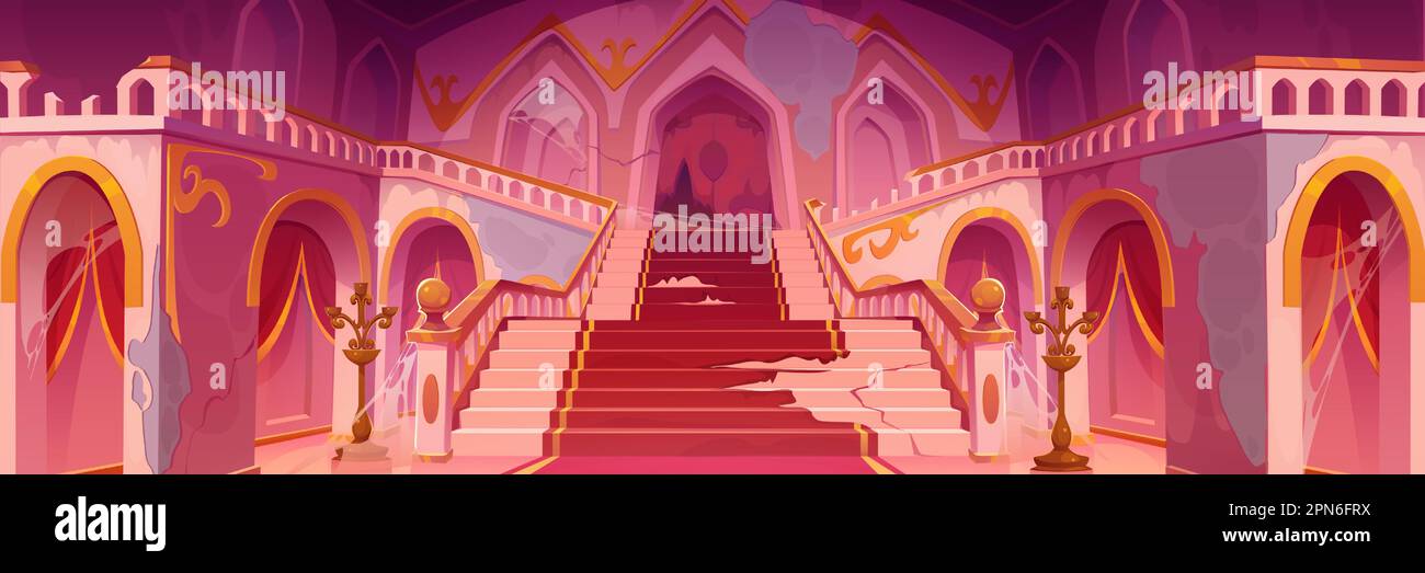 Old messy castle interior with broken stairs. Dirty abandoned hall of ...