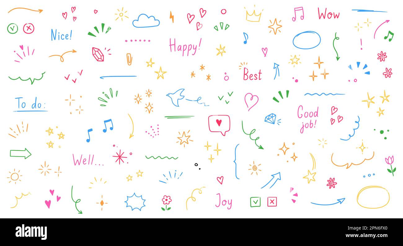 Doodle cute glitter pen line color elements. Doodle heart, arrow, star ...