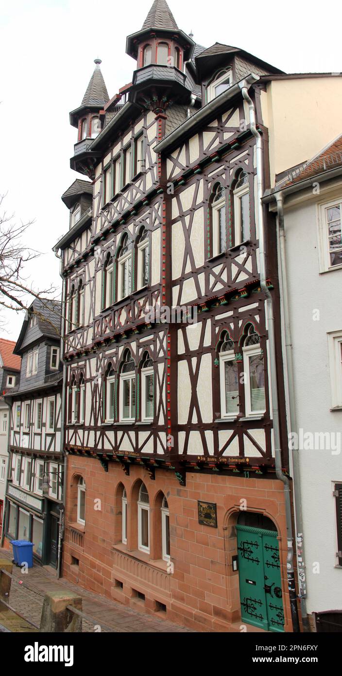 Picturesque traditional timber-framed house with a turrets in the historic Oberstadt, at ...