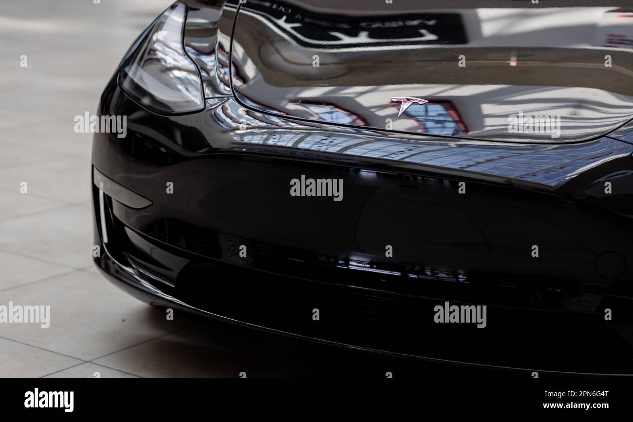 Minsk, Belarus, April 2023 - Electronic Car Tesla. Hood, headlamp ...