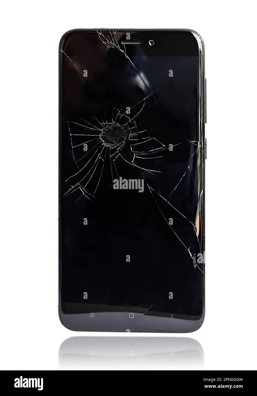 Close-up of a smartphone with a broken display, isolated on a white ...