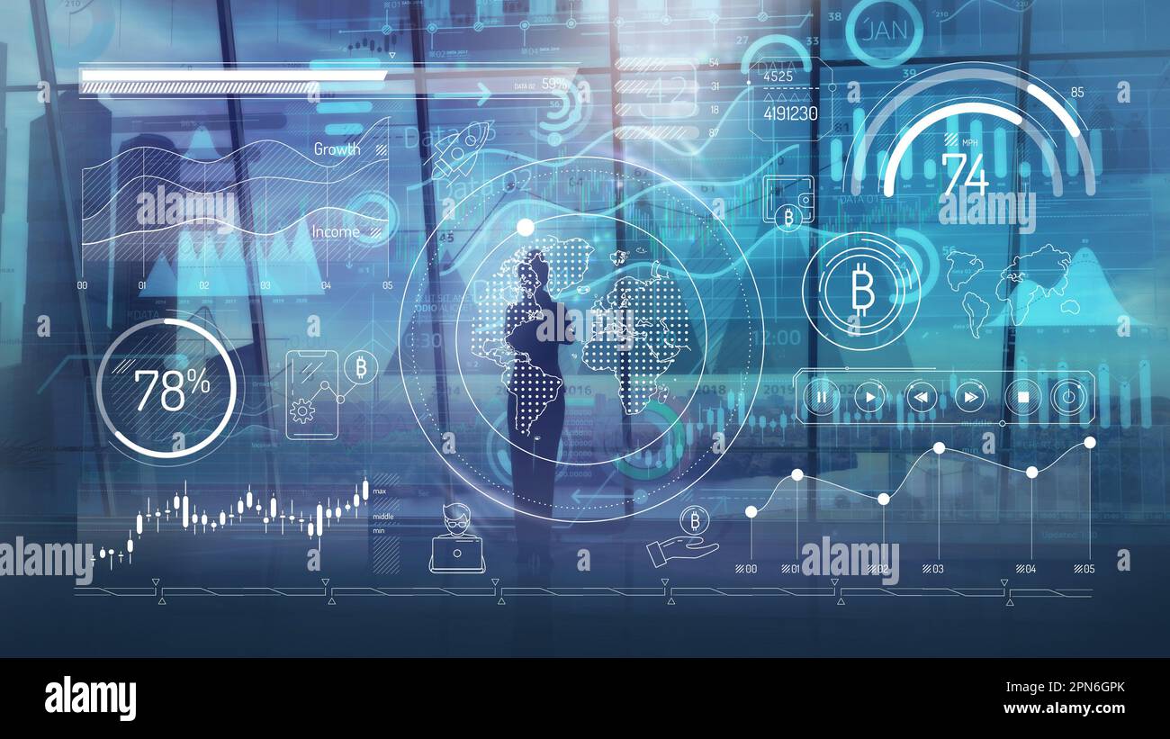 Bitcoin infographics on the background of panoramic office windows with ...