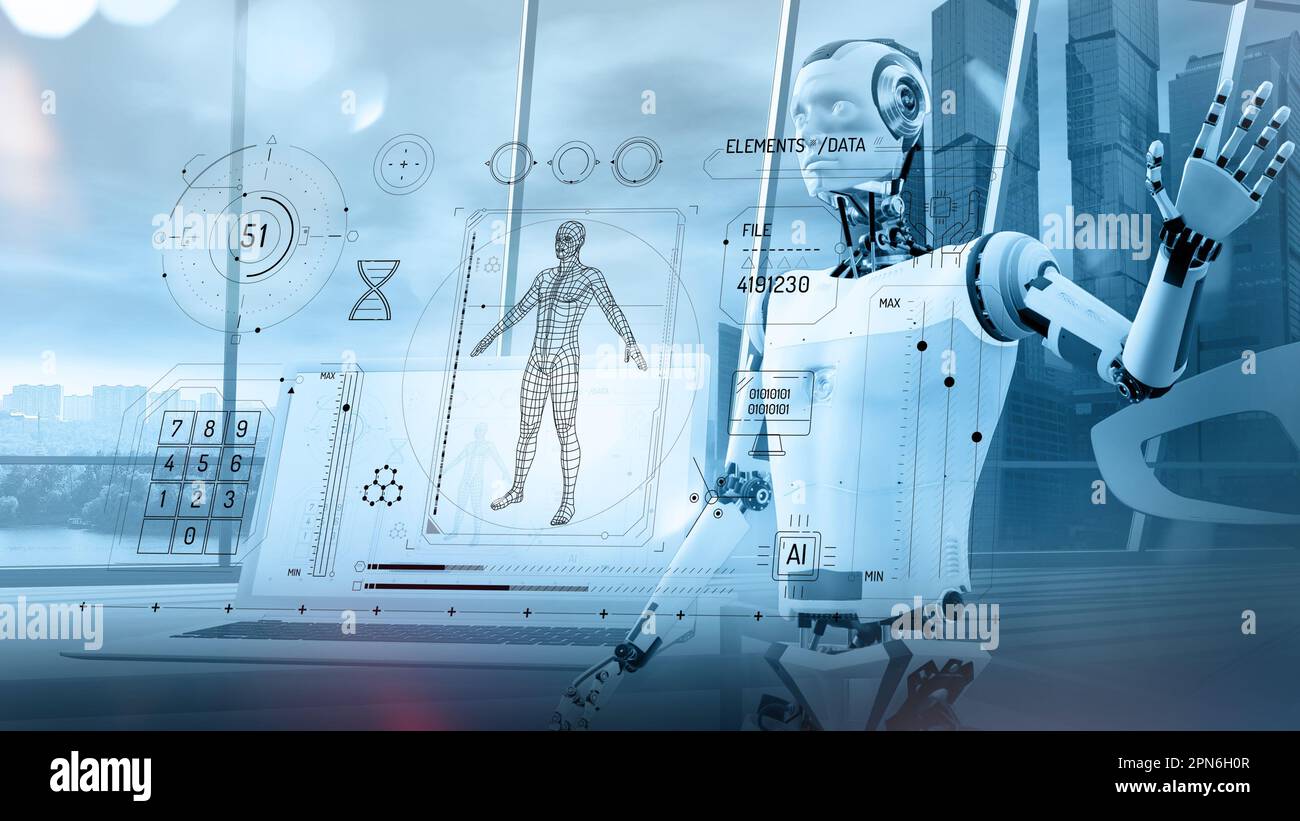 An artificial intelligence robot analyzes virtual panel data Stock ...