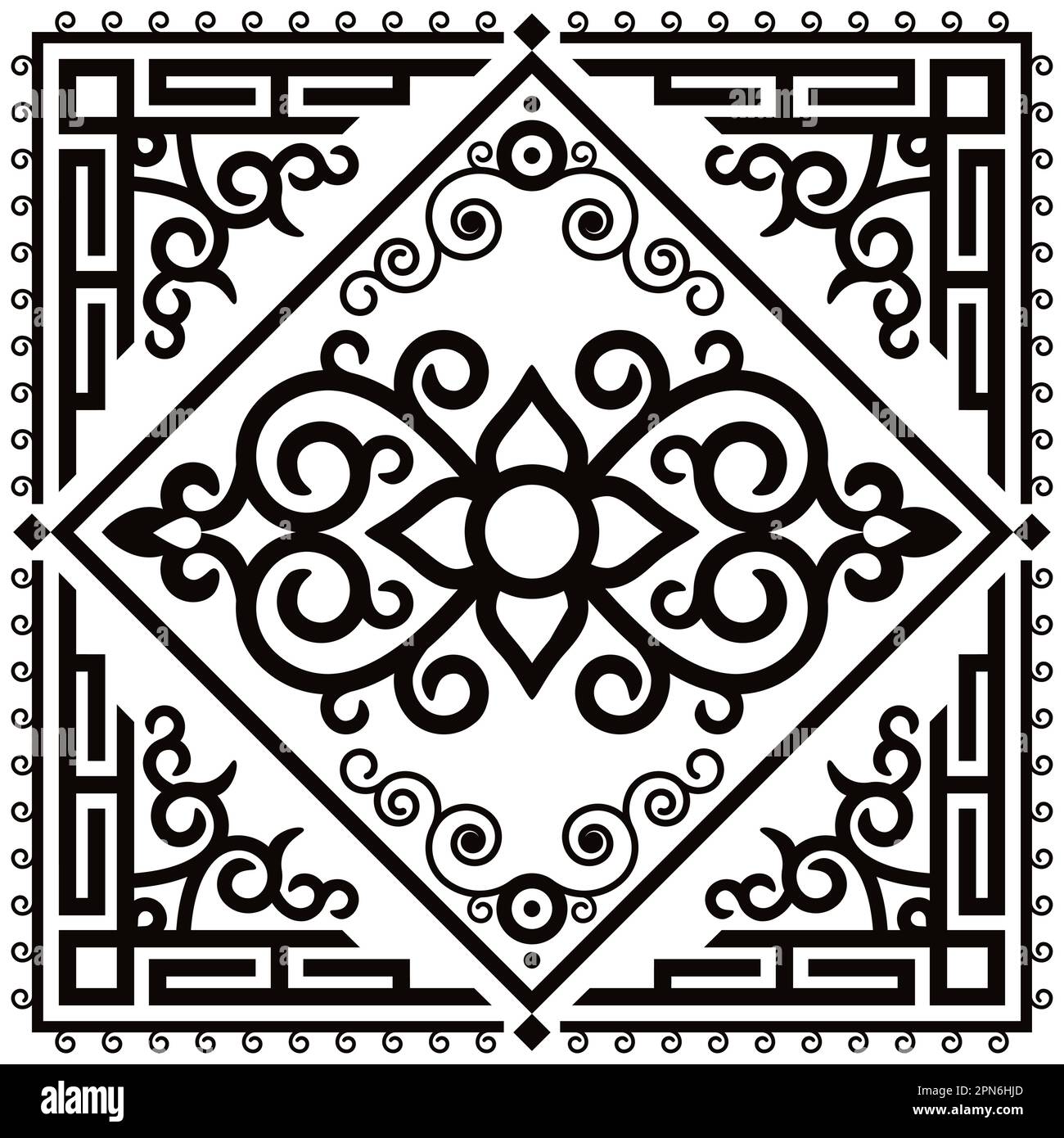 Oriental vector black and white square pattern inspired by folk art ...