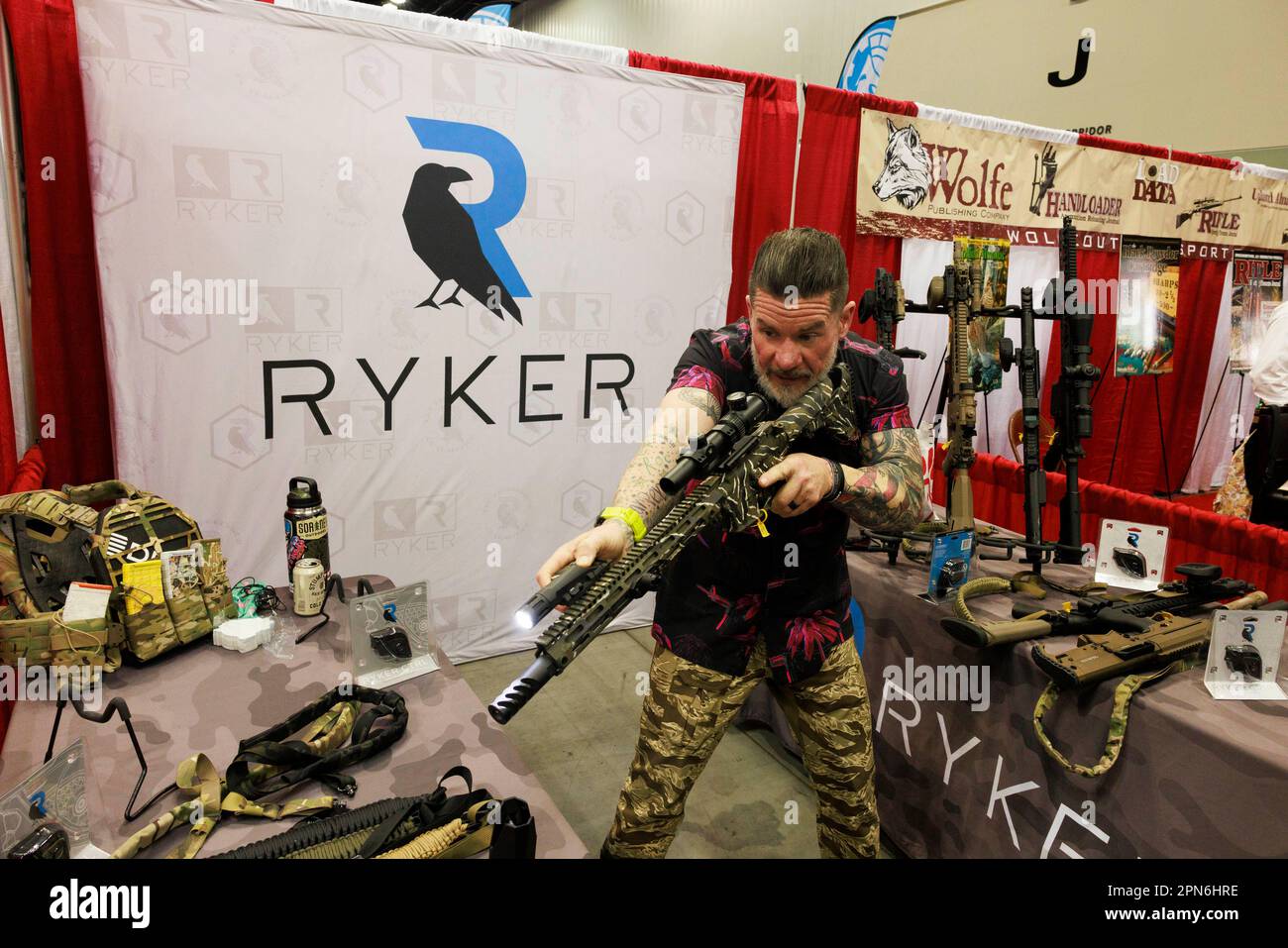 Indianapolis, United States. 16th Apr, 2023. Ron Holmes shows gear to a ...