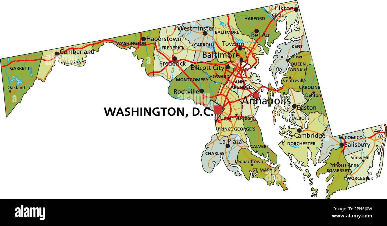 Highly detailed editable political map with separated layers. Maryland ...