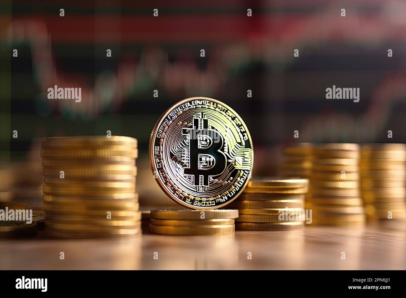 stack of Bitcoin coins alongside high-tech candlestick charts that ...