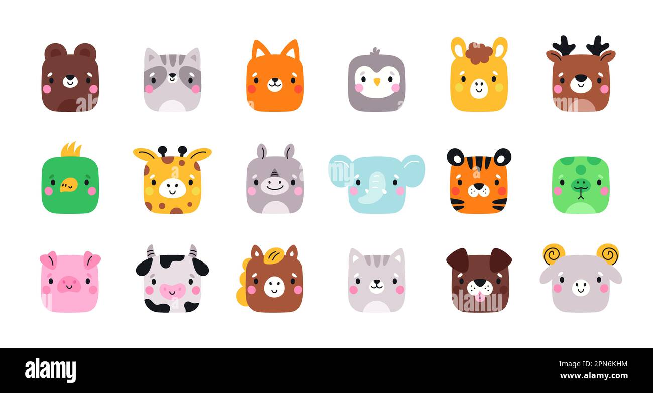Cartoon animal square faces. Cute muzzles. Mobile applications icons ...