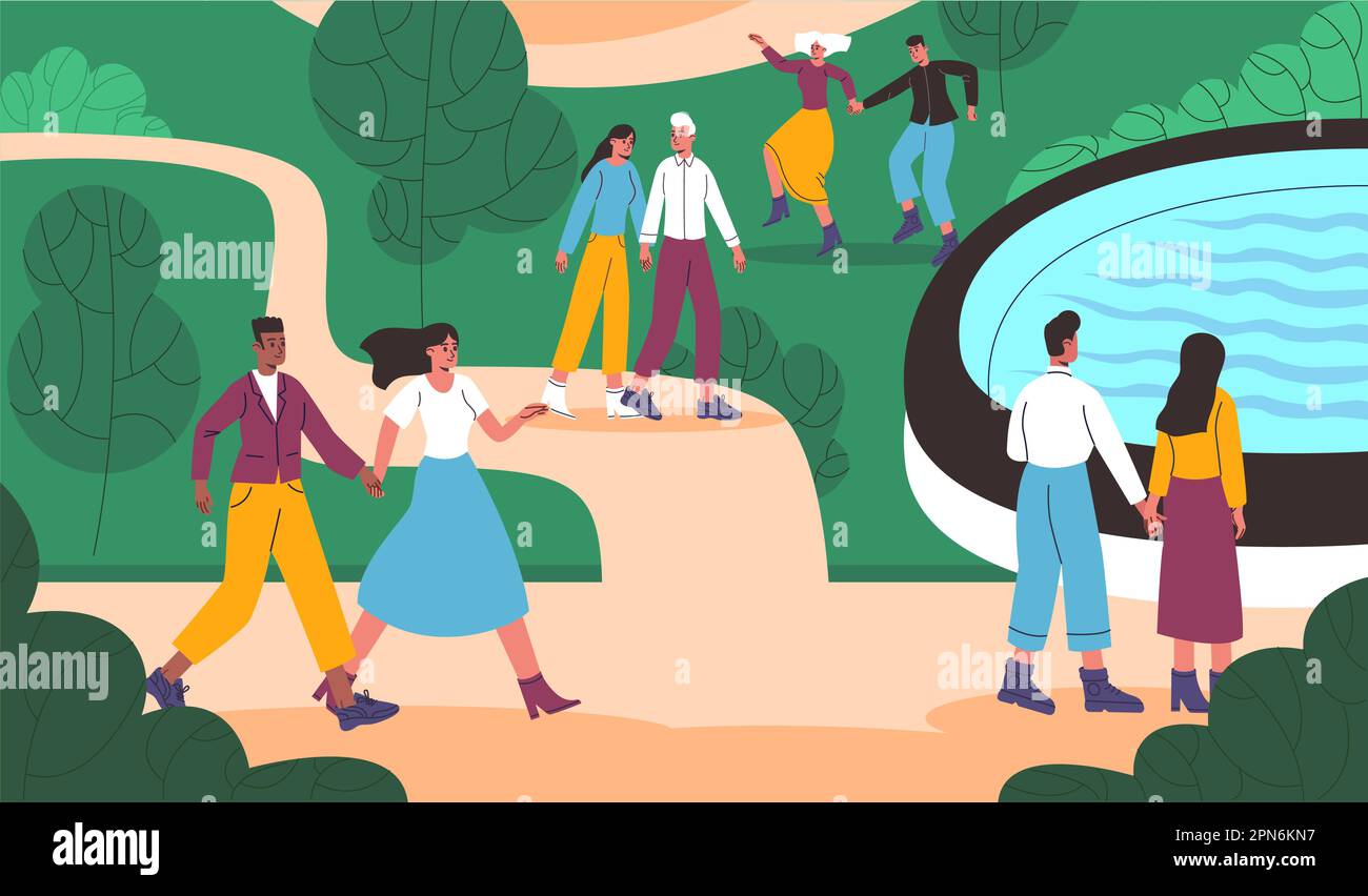 Couples walk together in park. Lovers spend time in nature. Persons in ...