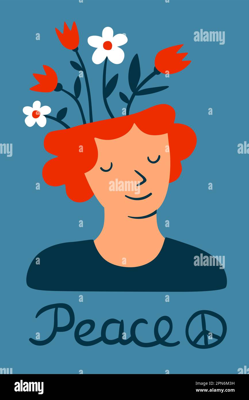 Peace card. Female portrait. Woman with flowers in head. Pacific hippie ...