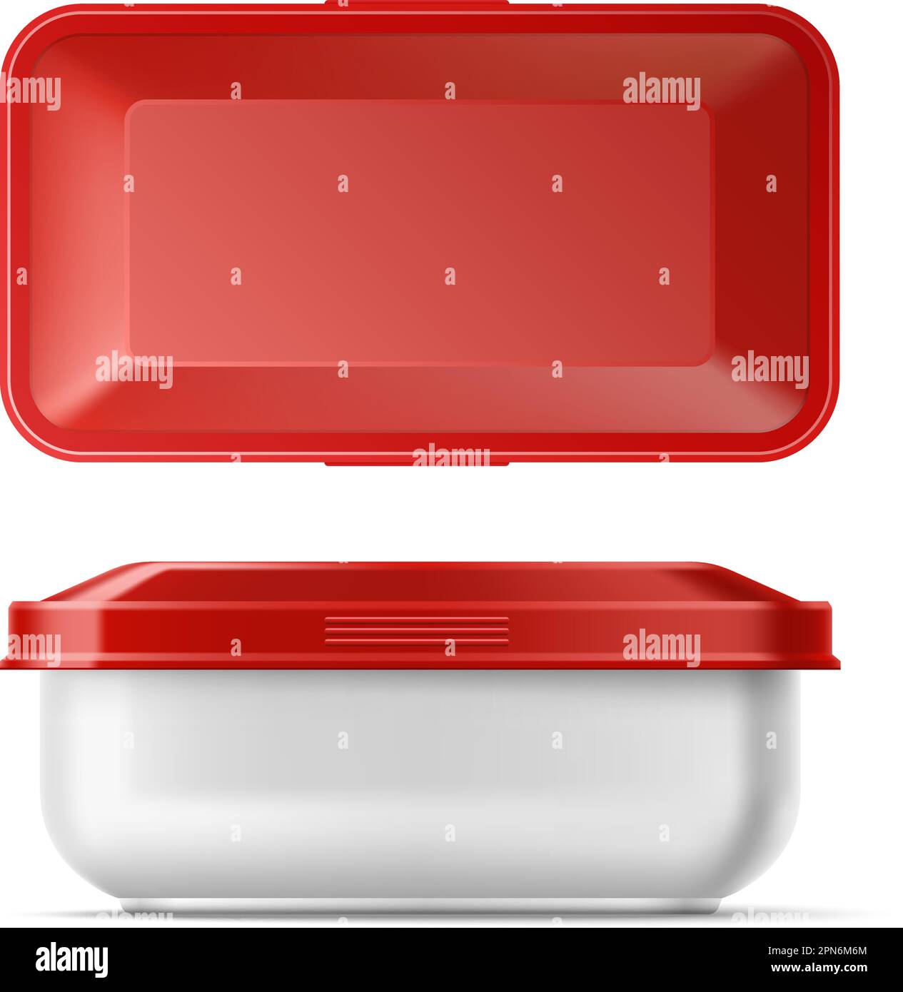 Realistic food container. Plastic product box with red cap. Home meal ...