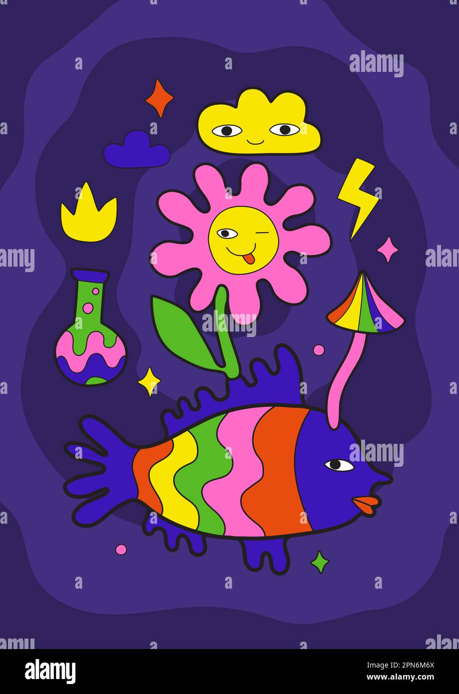 Psychedelic poster. Surreal 60s card. Funny cloud and flower. Fish with ...