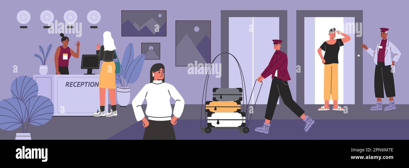 People at hotel reception. Men and women in guest house lobby. Cartoon ...