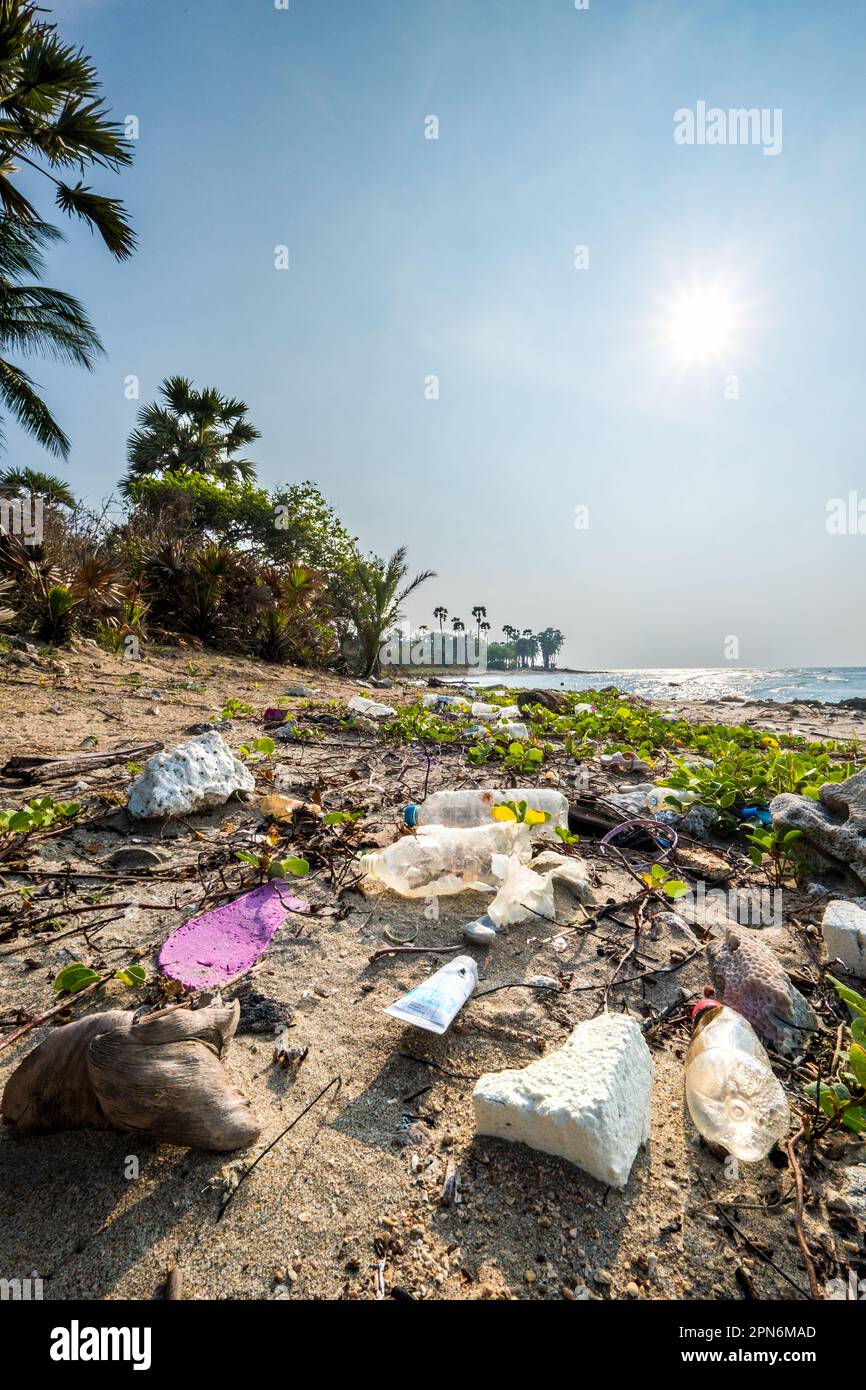 plastic waste washed up on a tropical beach in Sri Lanka Stock Photo ...