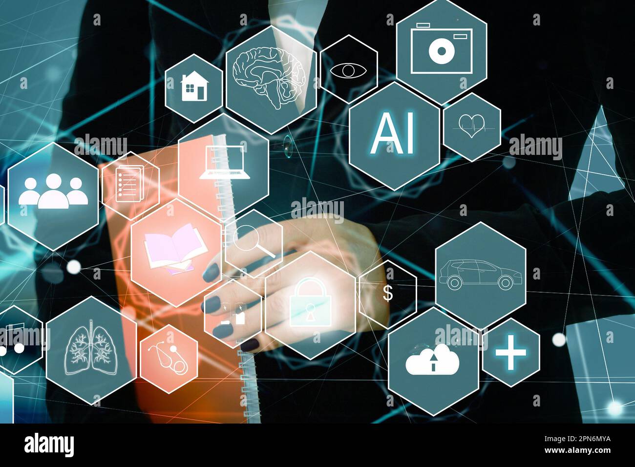 Ai tech, businessman show virtual graphic Global Internet connect Chatgpt Chat with AI ...