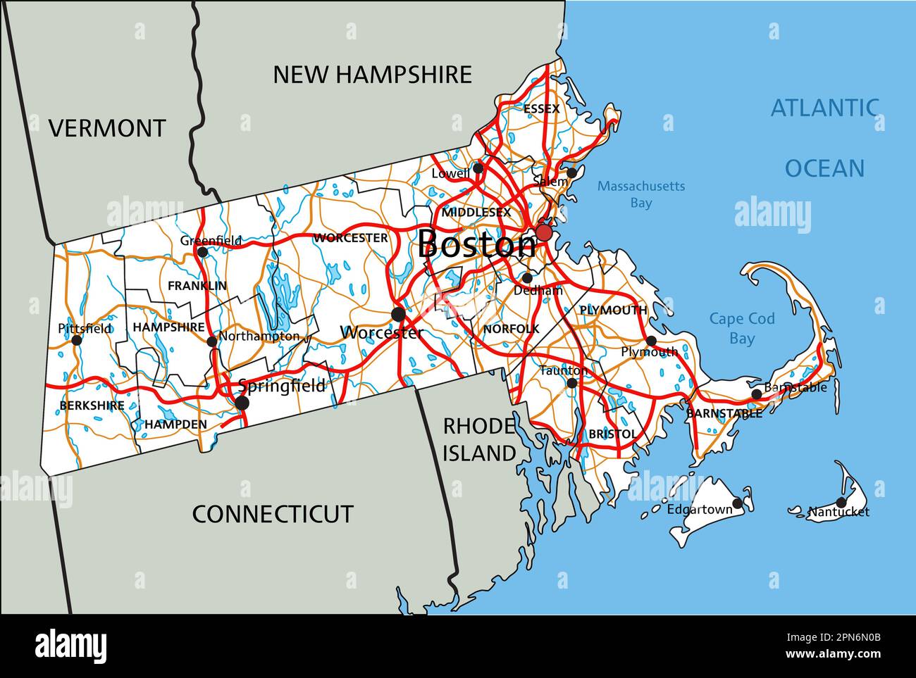 High Detailed Massachusetts Road Map With Labeling Stock Vector Image And Art Alamy