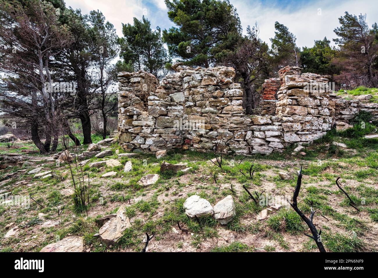 Frankish Church ruins hidden in Penteli mountain, Attica, Greece. The ...