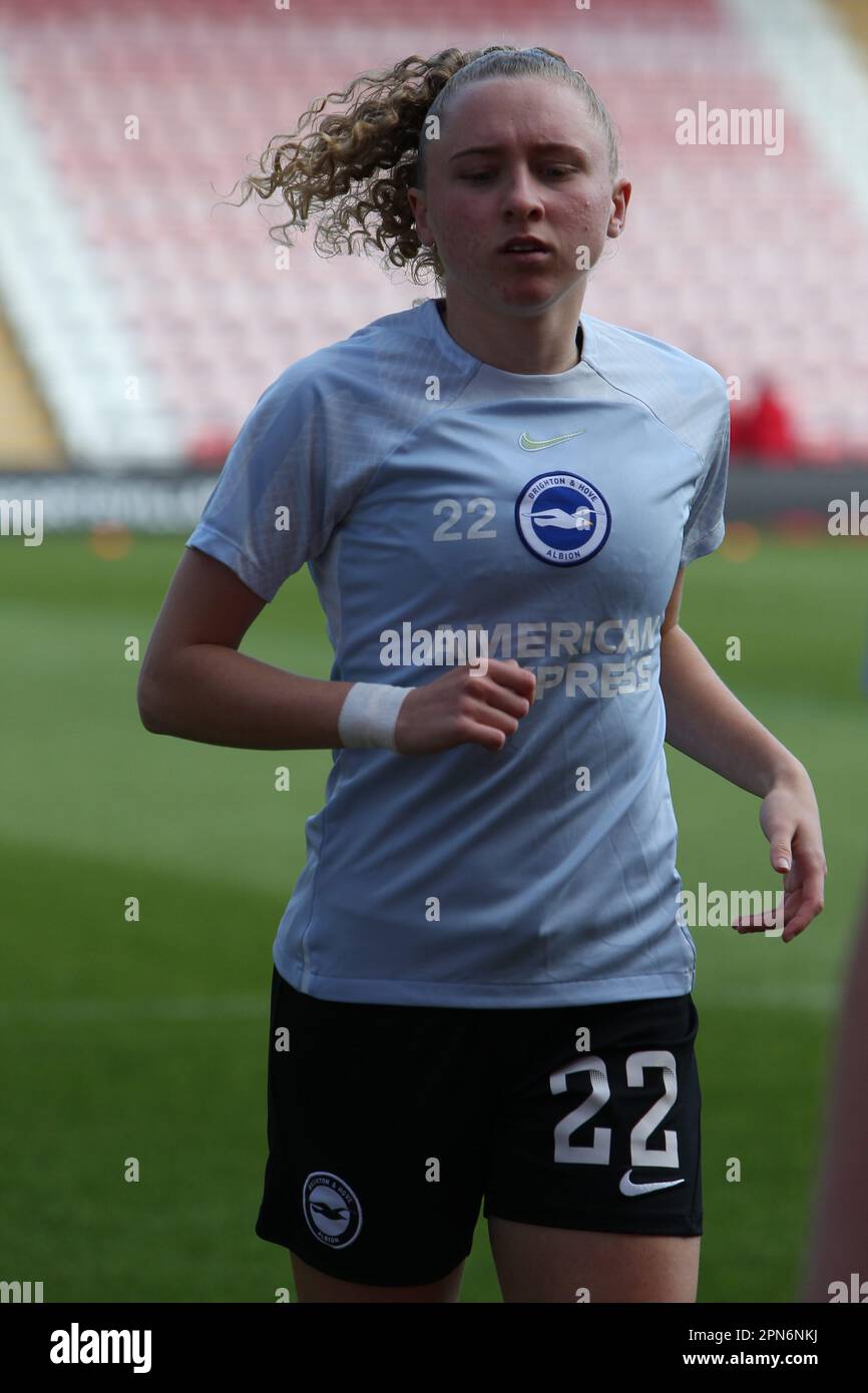 Leigh, England, 15th April 2023: Katie Robinson (22 Brighton) warmup ...