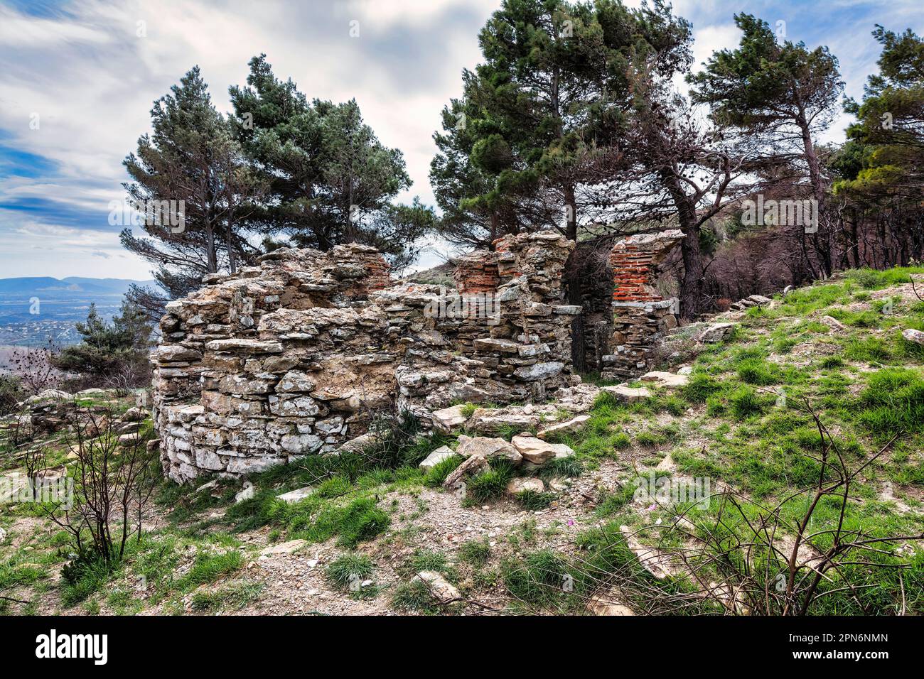 Frankish Church ruins hidden in Penteli mountain, Attica, Greece. The ...