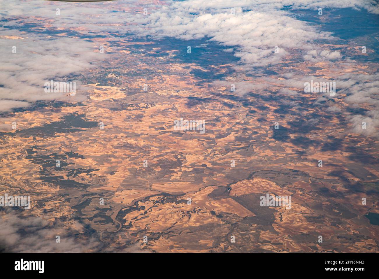 Aerial view from airplane of mountain and nature landscape in spain ...