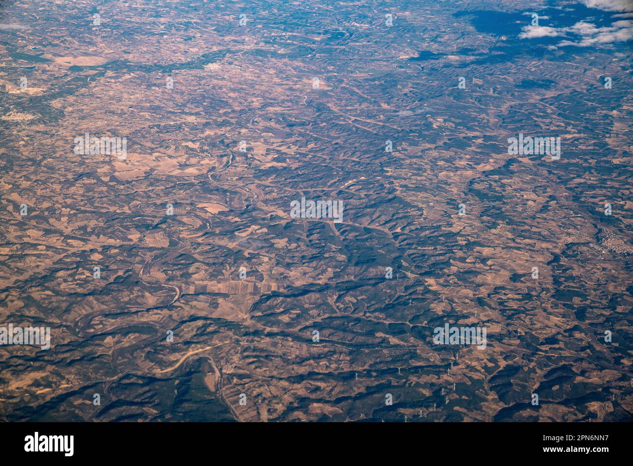 Aerial view from airplane of mountain and nature landscape in spain ...