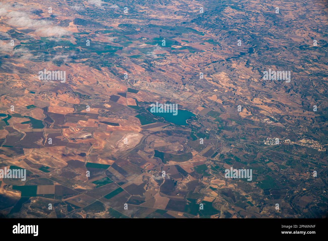 Aerial view from airplane of mountain and nature landscape in spain ...