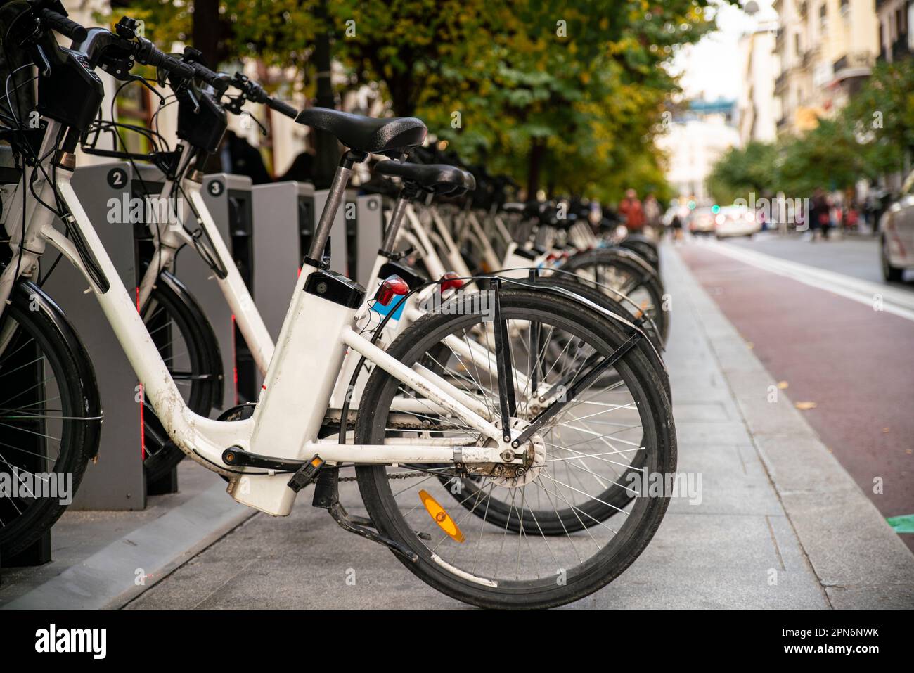 Public E-Bike sharing station in Madrid, Spain Stock Photo - Alamy