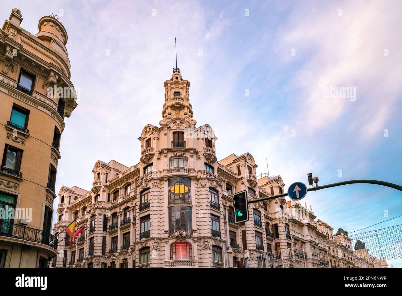 Historic old buildings in the shopping street Gran Via in Madrid Stock ...