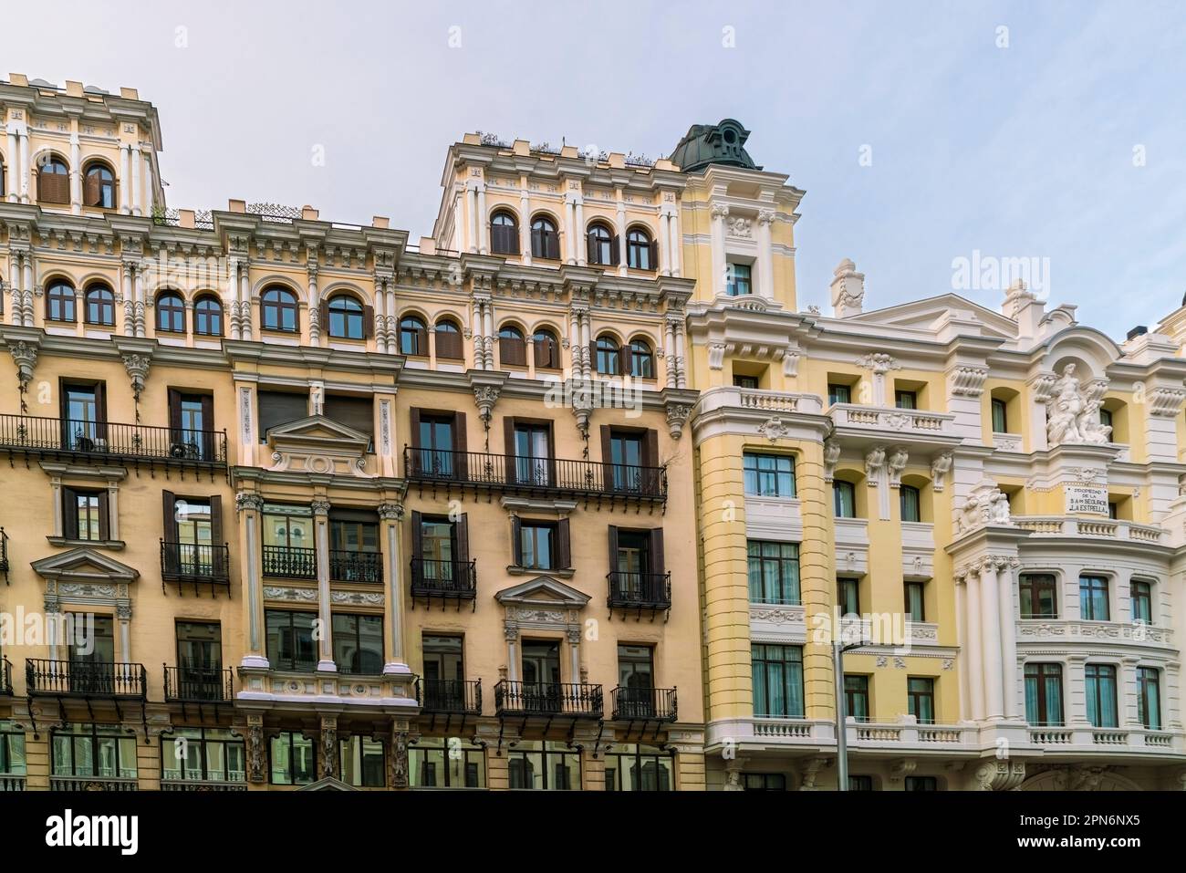 Historic old buildings in the shopping street Gran Via in Madrid Stock ...