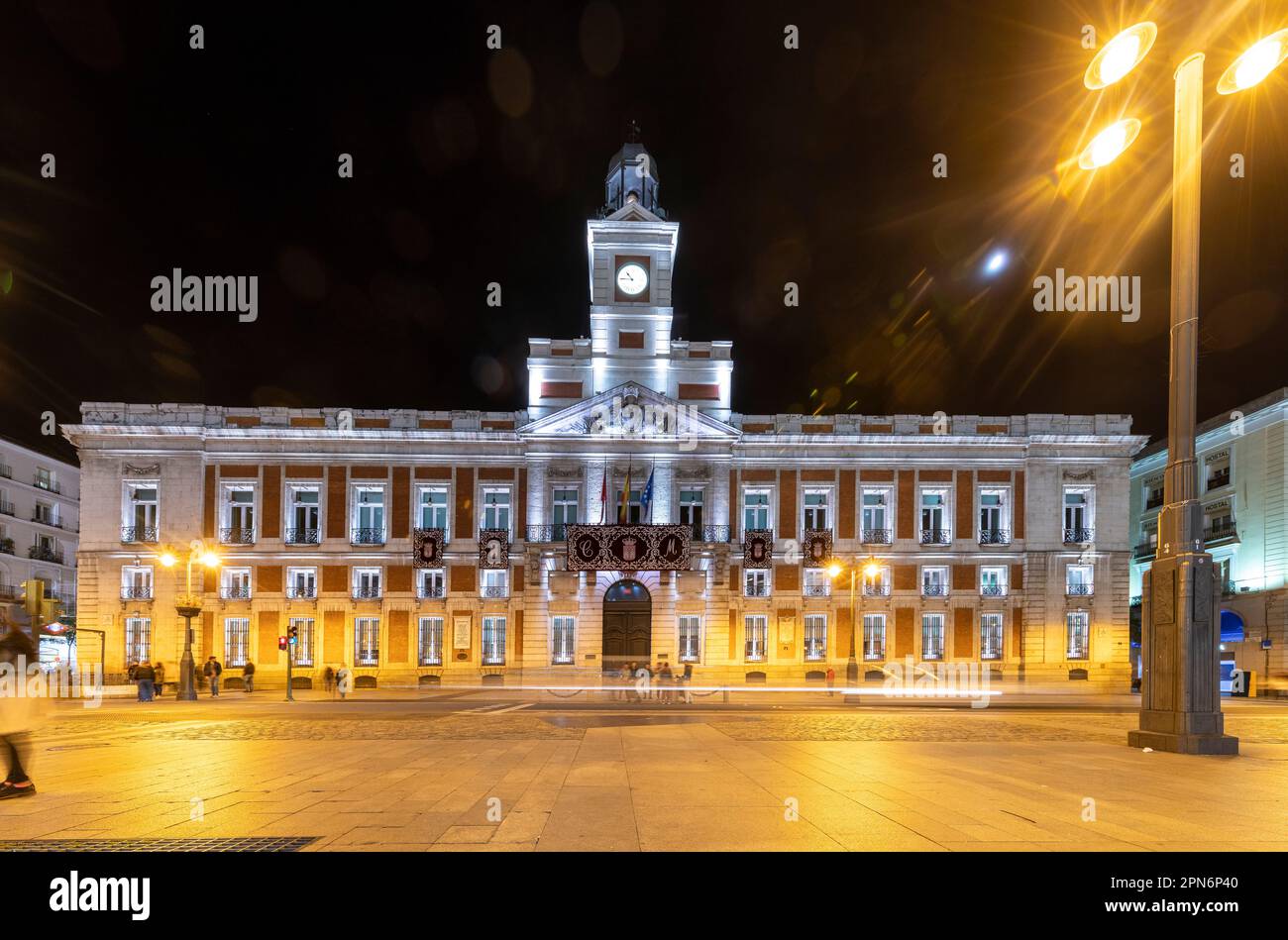 Puerta del sol square in Madrid, Spain illuminated at night Stock Photo ...